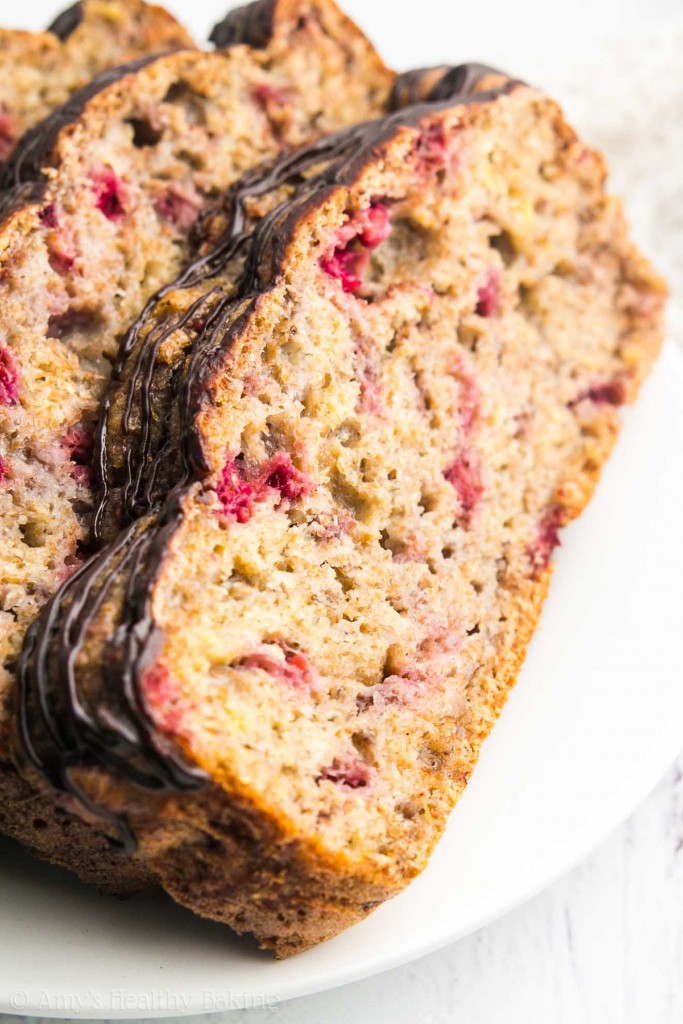 Chocolate Drizzled Raspberry Banana Bread | Amy's Healthy Baking