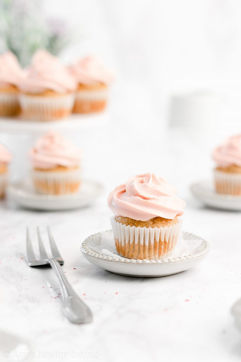 Healthy Small Batch Mini Banana Cupcakes + Strawberry Frosting | Amy's ...