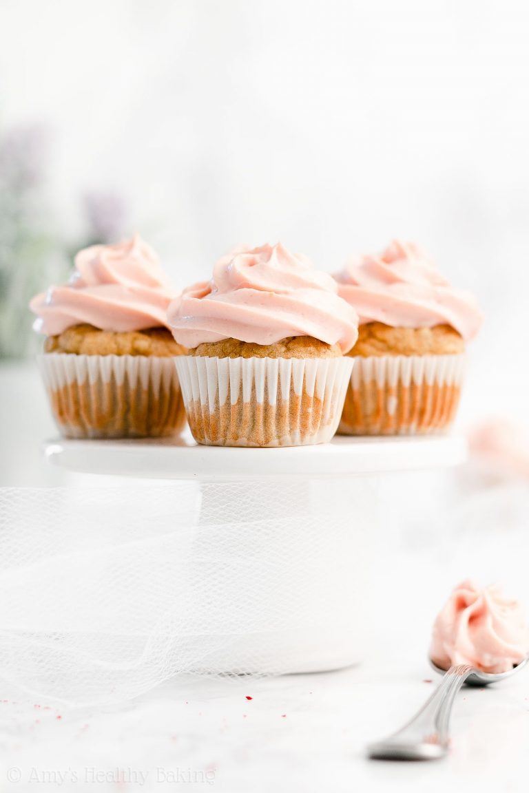 Healthy Small Batch Mini Banana Cupcakes + Strawberry Frosting | Amy's ...